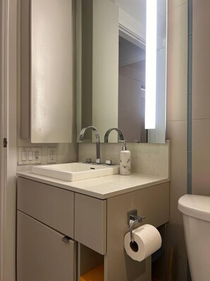 Apartamento de Luxo, 1 cama queen-size e sofá-cama, Vista para a cidade | Casa de banho | Uma combinação polibã/banheira, um secador de cabelo, um bidé 