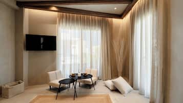 Suíte estúdio superluxo | Roupas de cama premium, cofres nos quartos, cortinas blackout