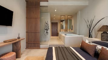Suíte estúdio superluxo | Roupas de cama premium, cofres nos quartos, cortinas blackout
