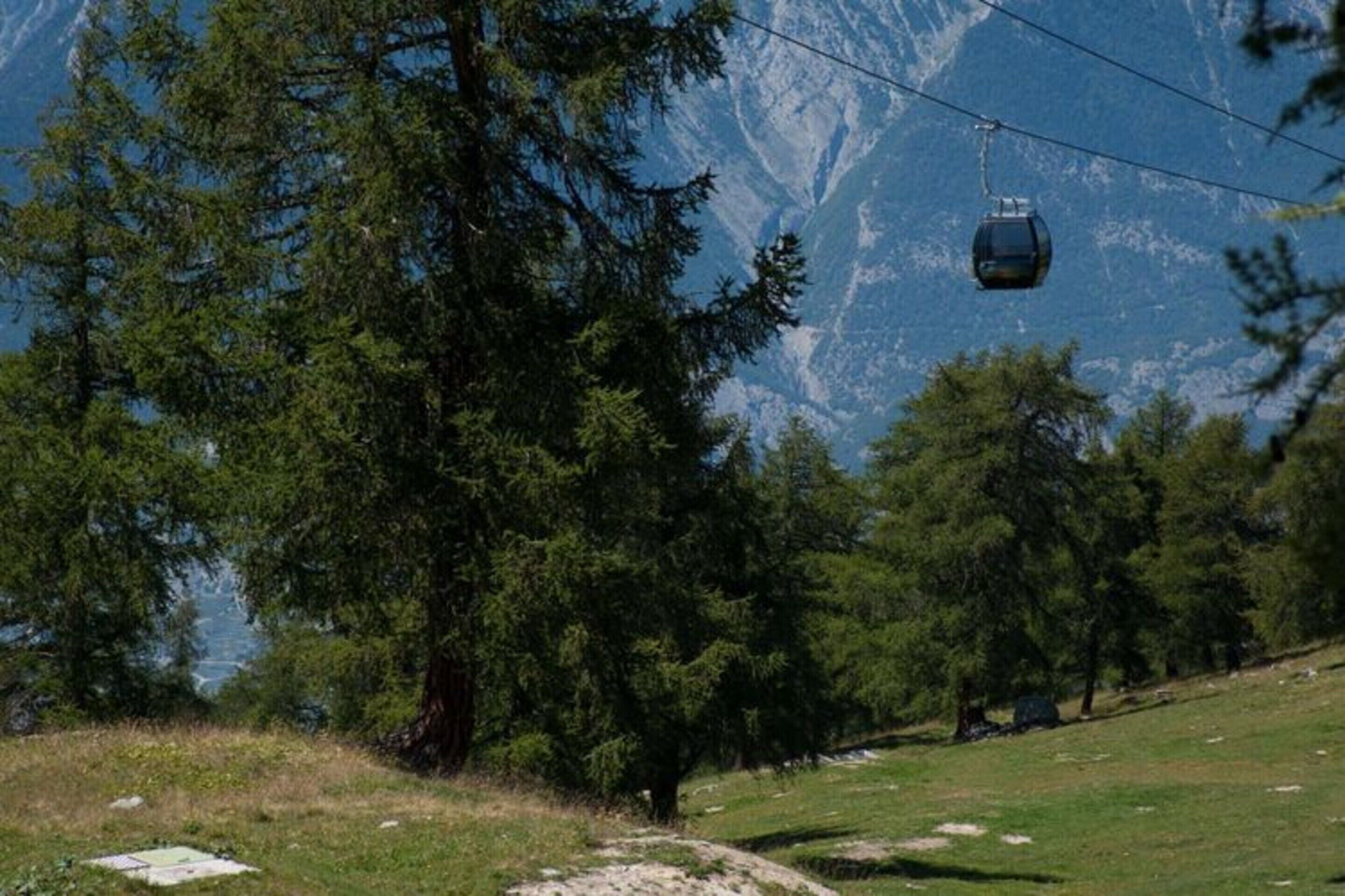 Um teleférico movendo-se sobre uma paisagem montanhosa com árvores densas e céu claro.