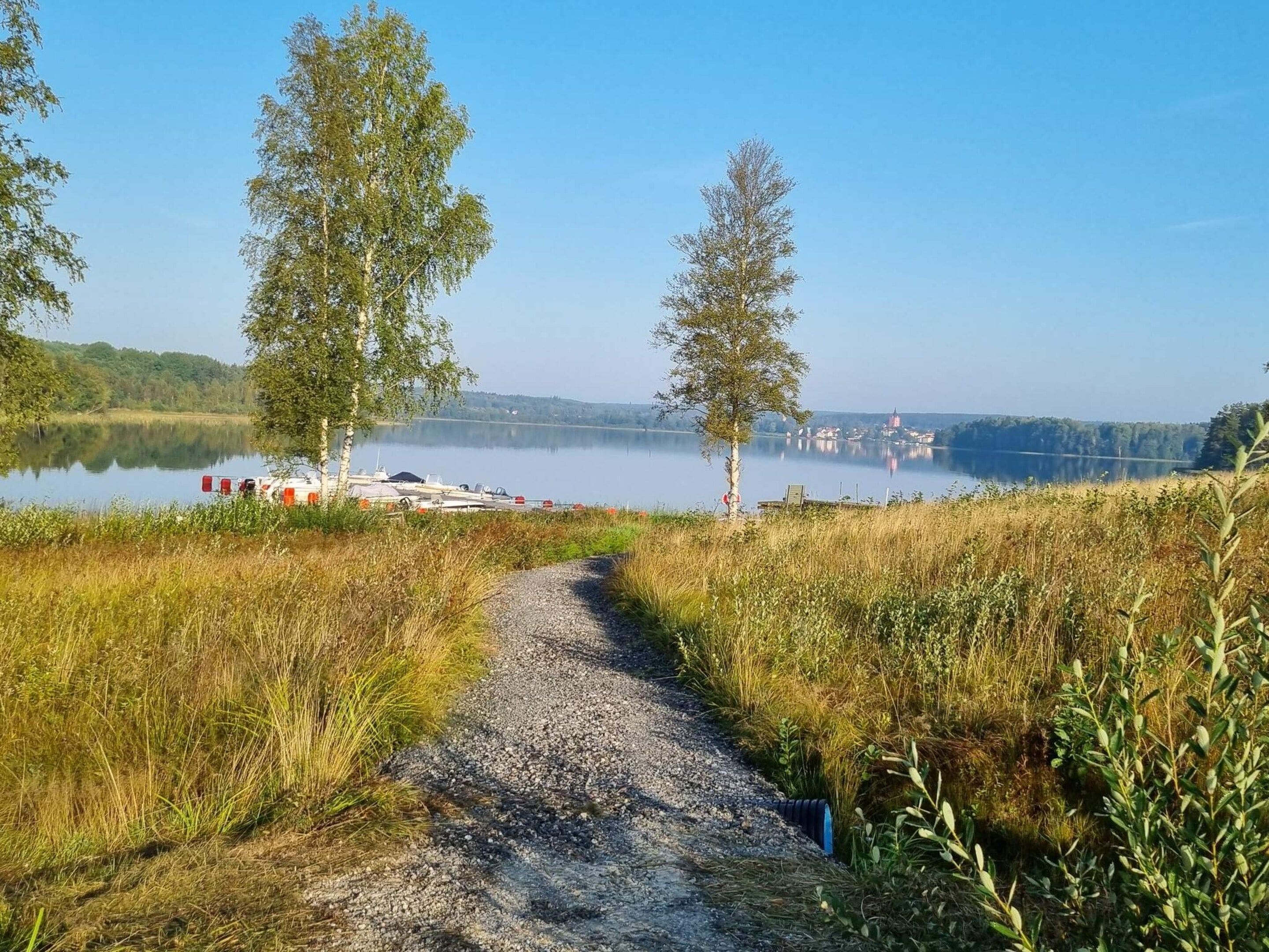 Uma trilha de cascalho leva a um lago com barcos atracados, cercado por árvores e vegetação.