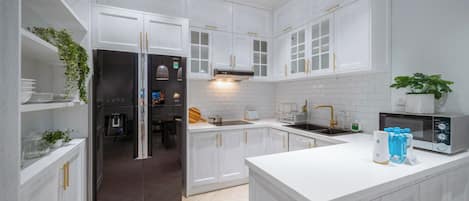 Um frigorífico, um micro-ondas, um forno, uma placa de cozinha