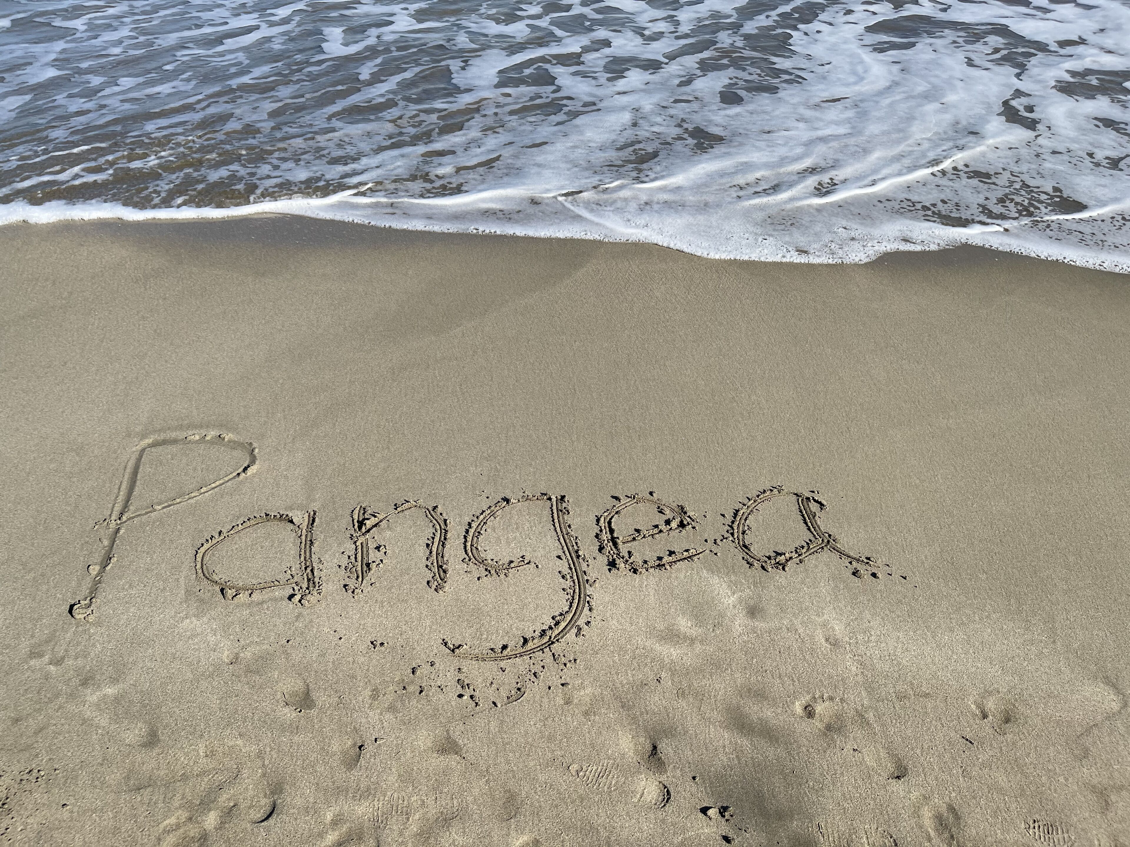 Uma praia com a palavra 'Sangeea' escrita na areia.