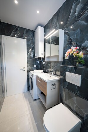 Apartamento luxo, 2 quartos, 2 banheiros | Banheiro | Chuveiro, secador de cabelo, toalhas de banho, papel higiênico