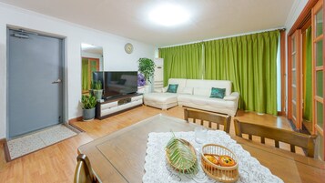 Uma sala de estar com sofá, televisão, mesa de jantar com jogo americano e cortina verde.