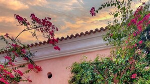 Um edifício com fachada rosa, venezianas brancas e porta com uma pequena janela.