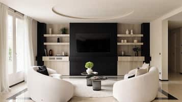 Apartamento superluxo | Área de estar | Smart TV 30 polegadas com canais digitais, Netflix