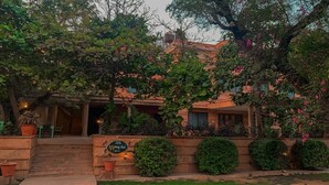 Um edifício com escadaria que leva a uma entrada coberta, rodeado por vegetação exuberante e plantas floridas.