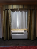 Quarto com janela coberta por cortinas, ar-condicionado abaixo da janela e carpete estampado no chão.