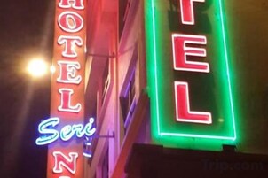 Um letreiro de neon com a palavra 'HOTEL' em vermelho e verde.