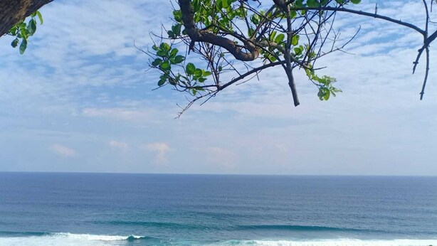 Vista costeira com águas turquesa límpidas, ondas quebrando na praia e vegetação exuberante ao primeiro plano.