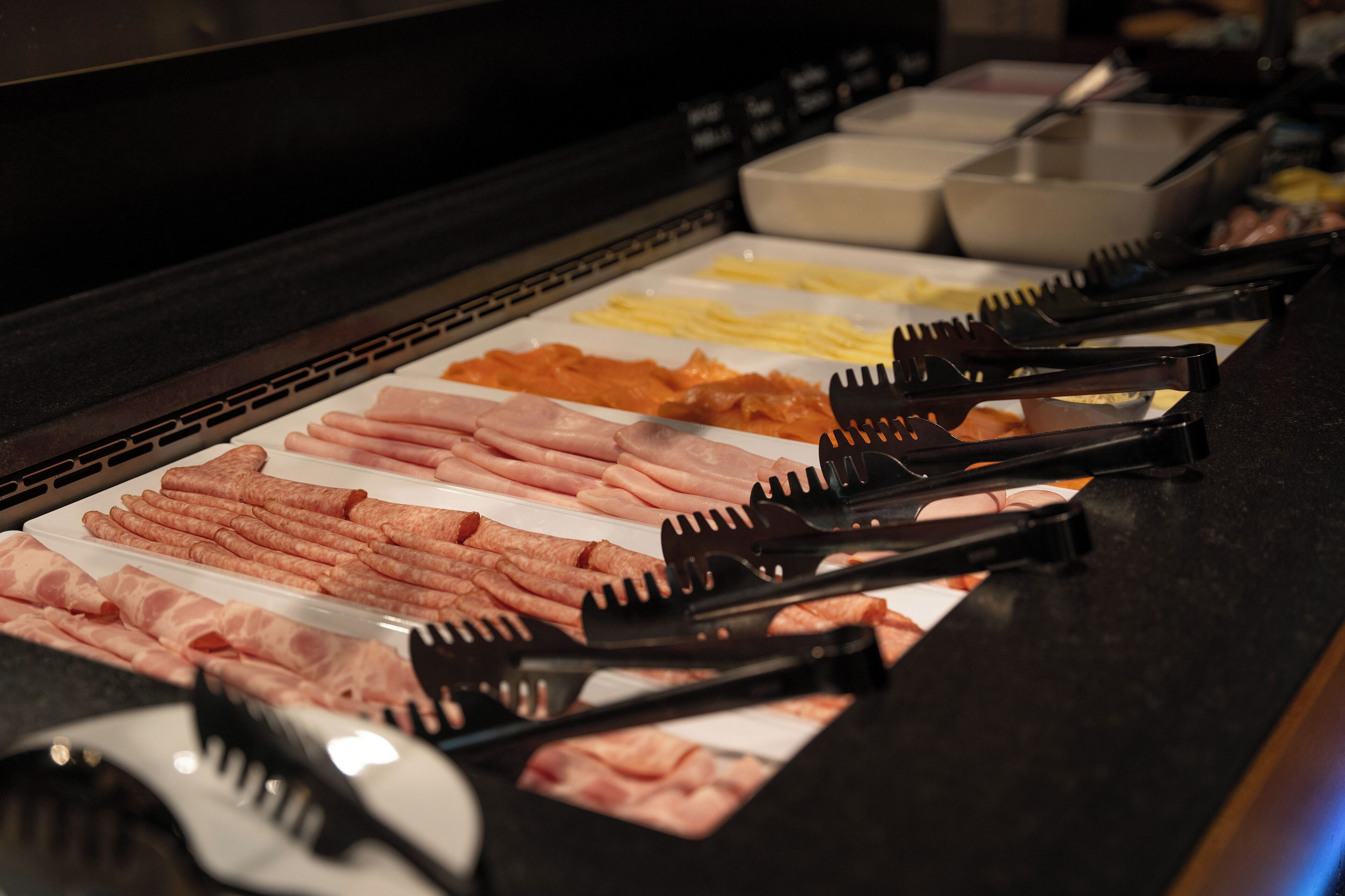 Buffet com diversos tipos de carne e queijo.