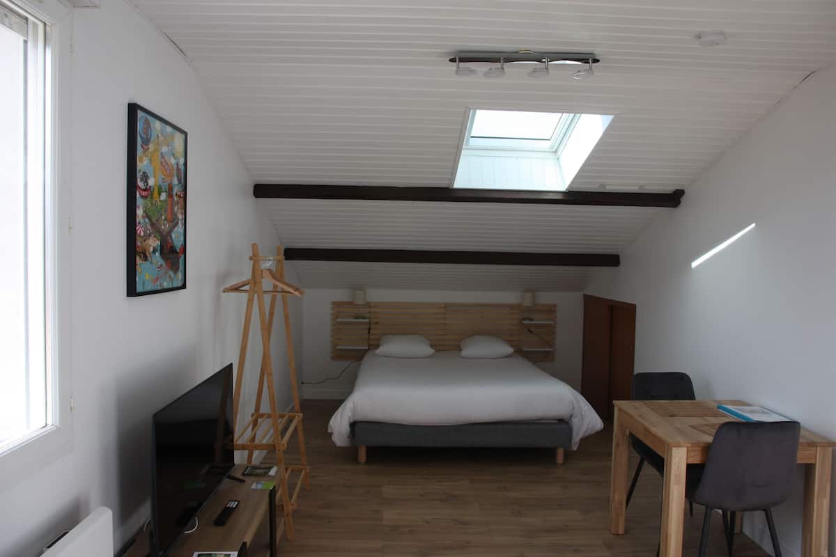 Quarto com cama, escrivaninha, televisão e claraboia.