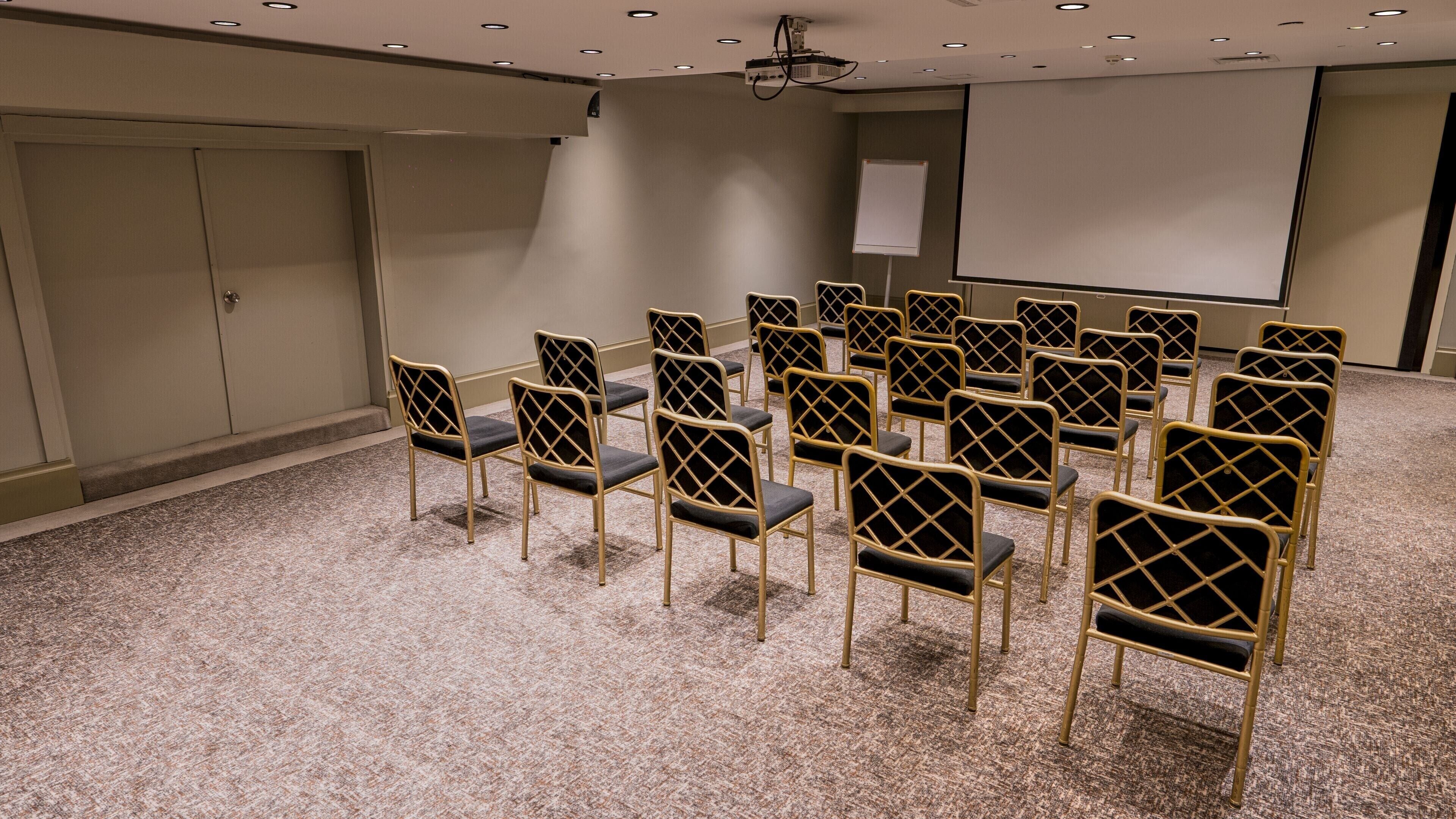 Uma sala de conferências com fileiras de cadeiras, um projetor e uma lousa.