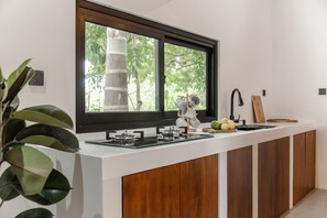 Um frigorífico, uma placa de cozinha, uma chaleira elétrica