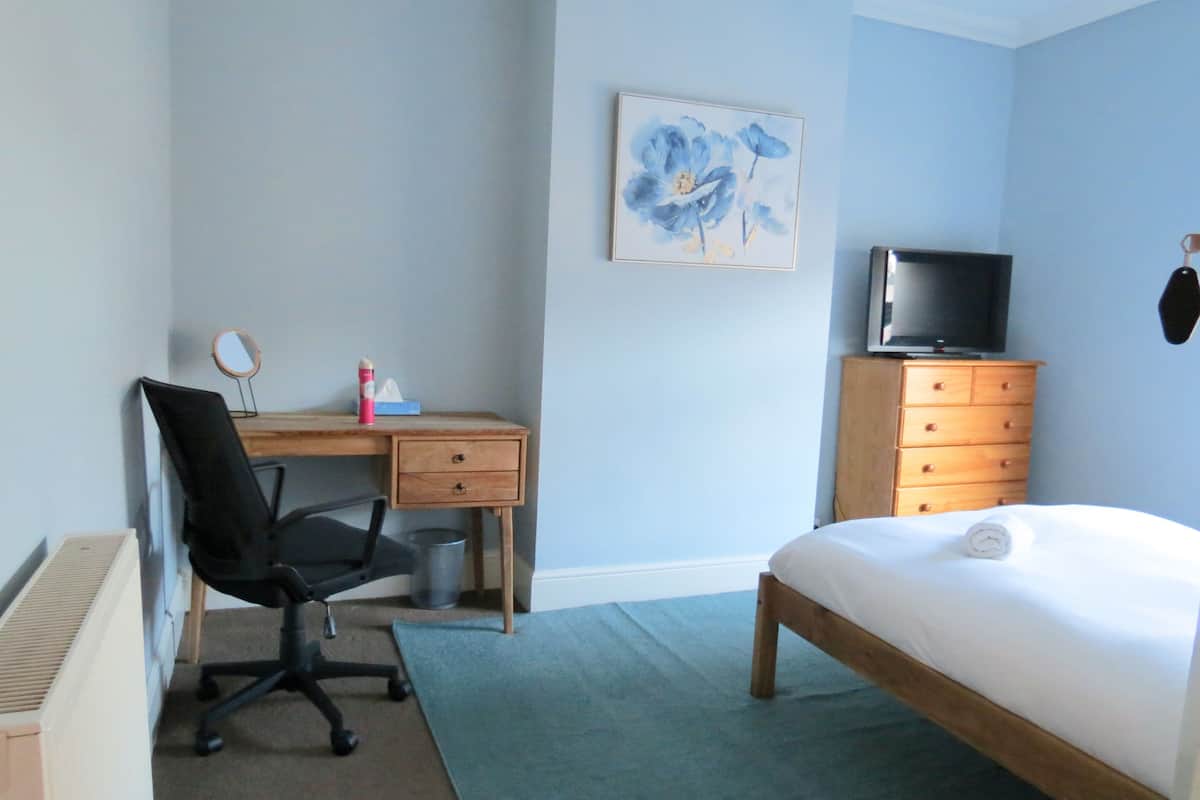 Quarto com cama, escrivaninha com cadeira, penteadeira, televisão e um quadro na parede.