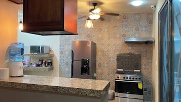 Um frigorífico/congelador grande, um micro-ondas, um forno
