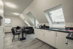 Apartamento standard, 1 cama de casal e sofá-cama, para não fumantes, vista para a cidade | Cozinha privada | Geladeira, micro-ondas, fogão, cooktop