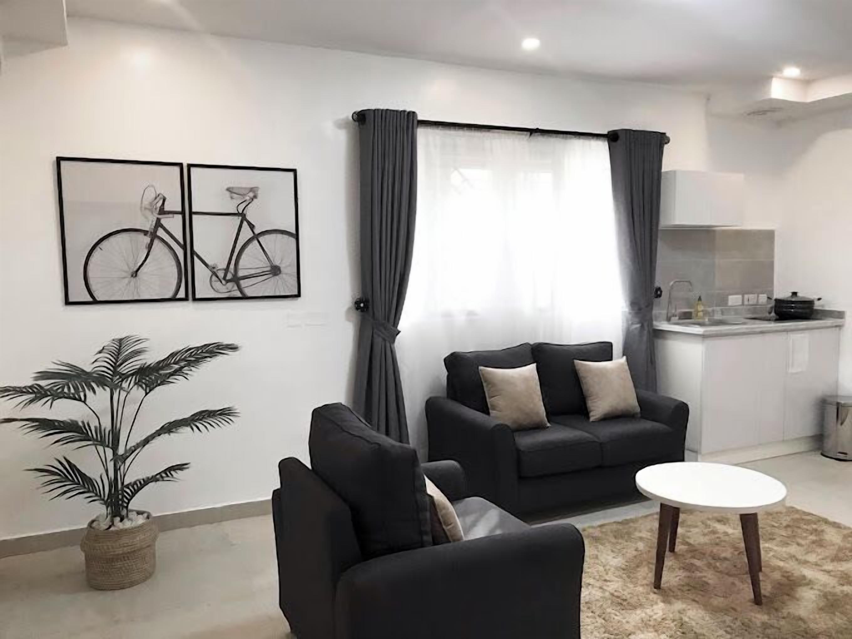 Uma sala de estar moderna com um sofá, uma mesa de centro e uma planta em vaso. Há uma área de cozinha com pia e fogão. Duas fotos emolduradas de bicicletas estão na parede.