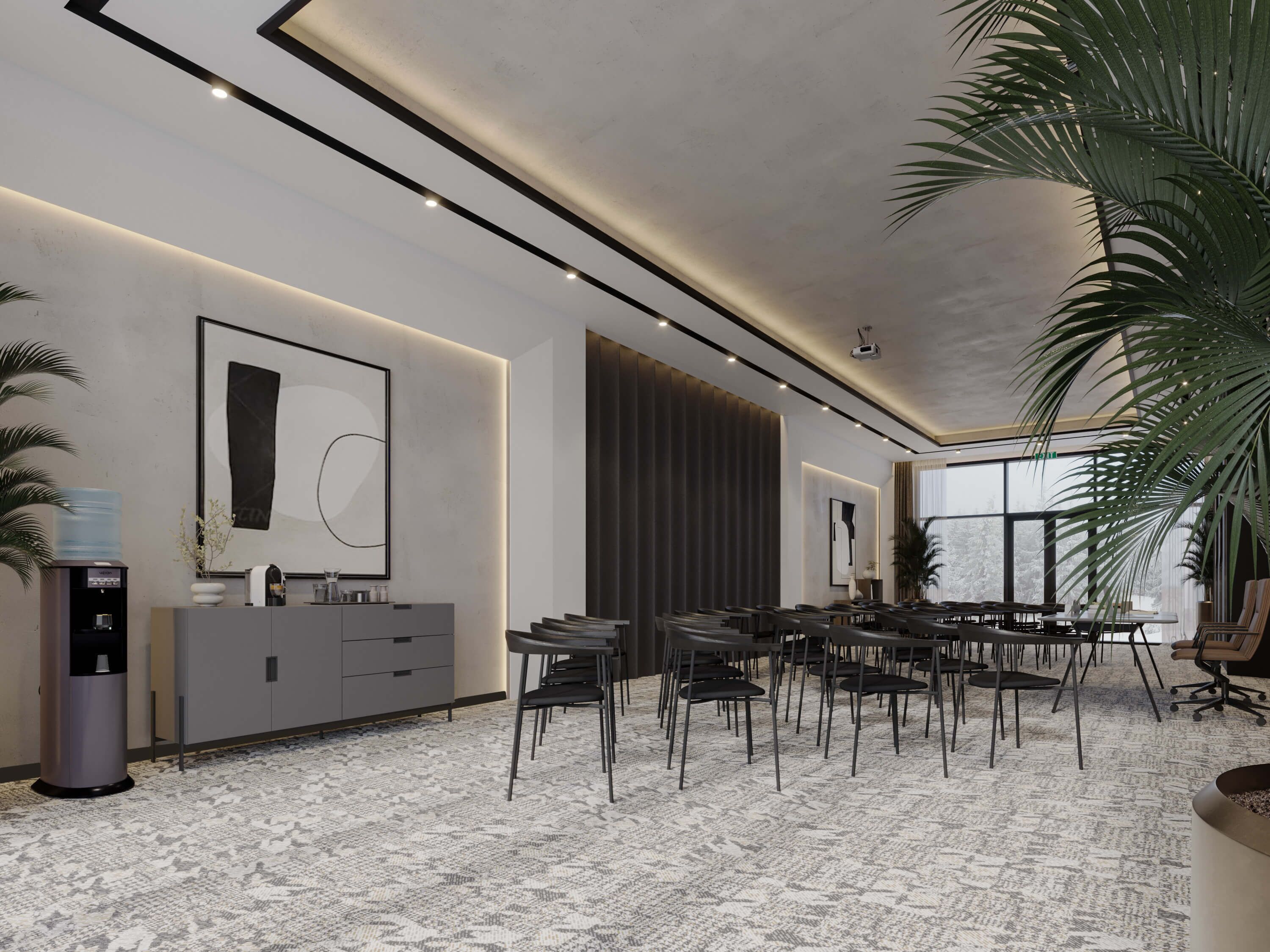 Uma sala de conferências moderna com piso de mármore, uma mesa comprida com cadeiras, um dispensador de água e uma grande planta em vaso.