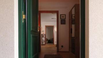 Um corredor com uma porta verde, um tapete e um quadro pendurado na parede.