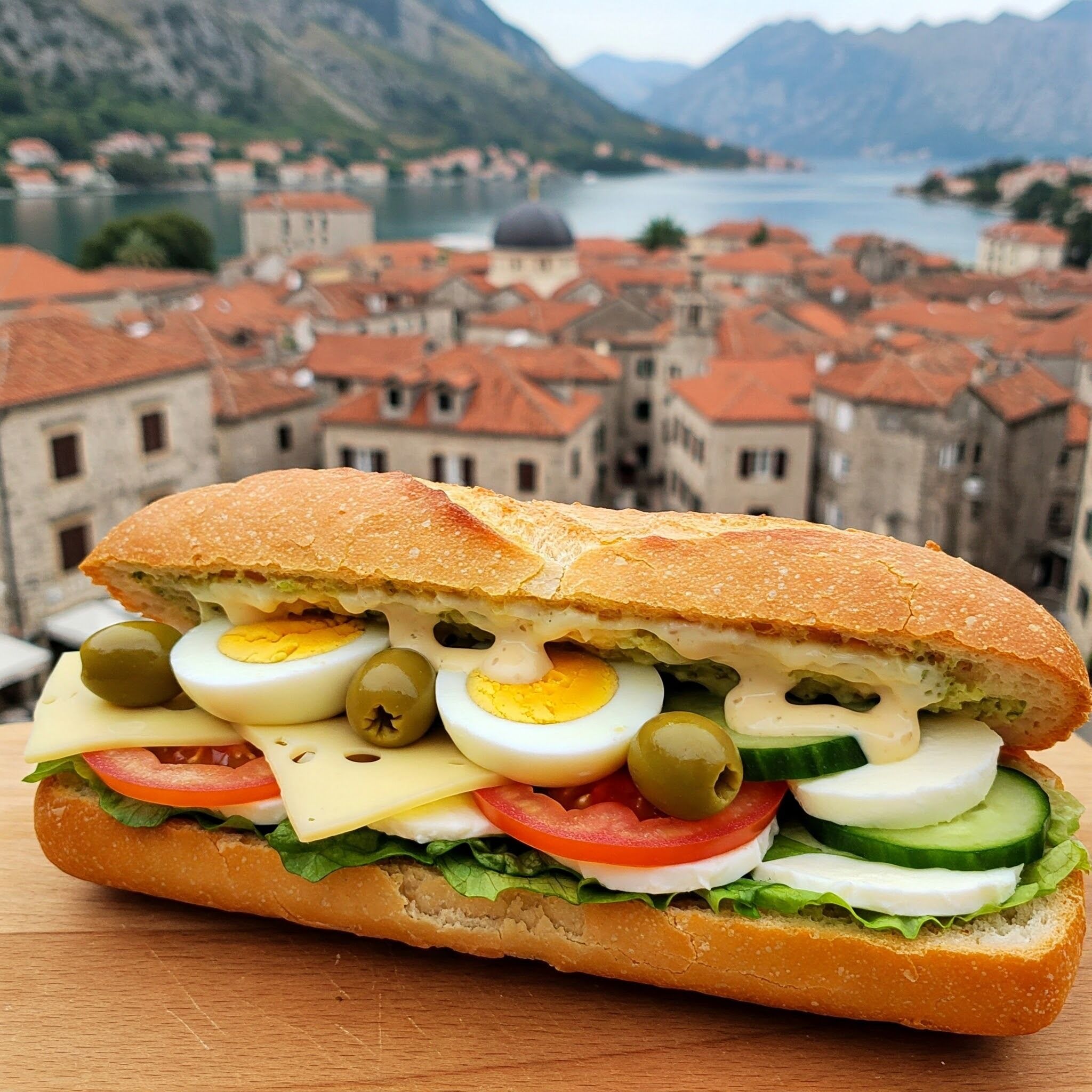 Um sanduíche com diversos ingredientes sobre uma superfície de madeira, com uma vista panorâmica de uma cidade costeira ao fundo.