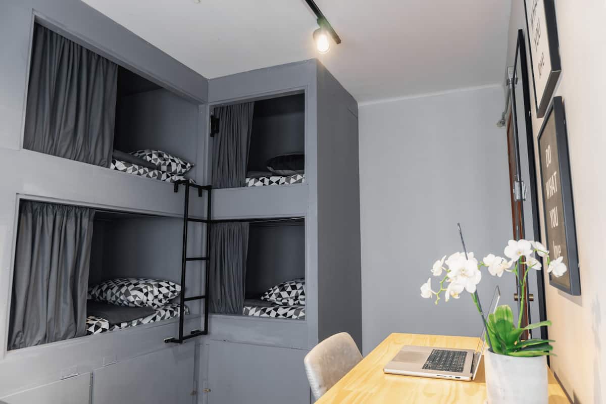 Quarto com beliches, uma escrivaninha com um laptop e uma orquídea em vaso.