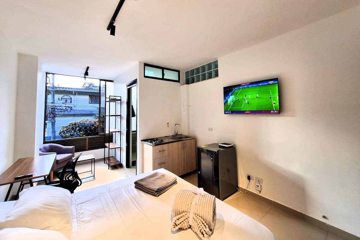Estúdio, 1 cama queen-size, casa de banho privativa | 1 quarto, secretária, secretária adequada para computadores portáteis