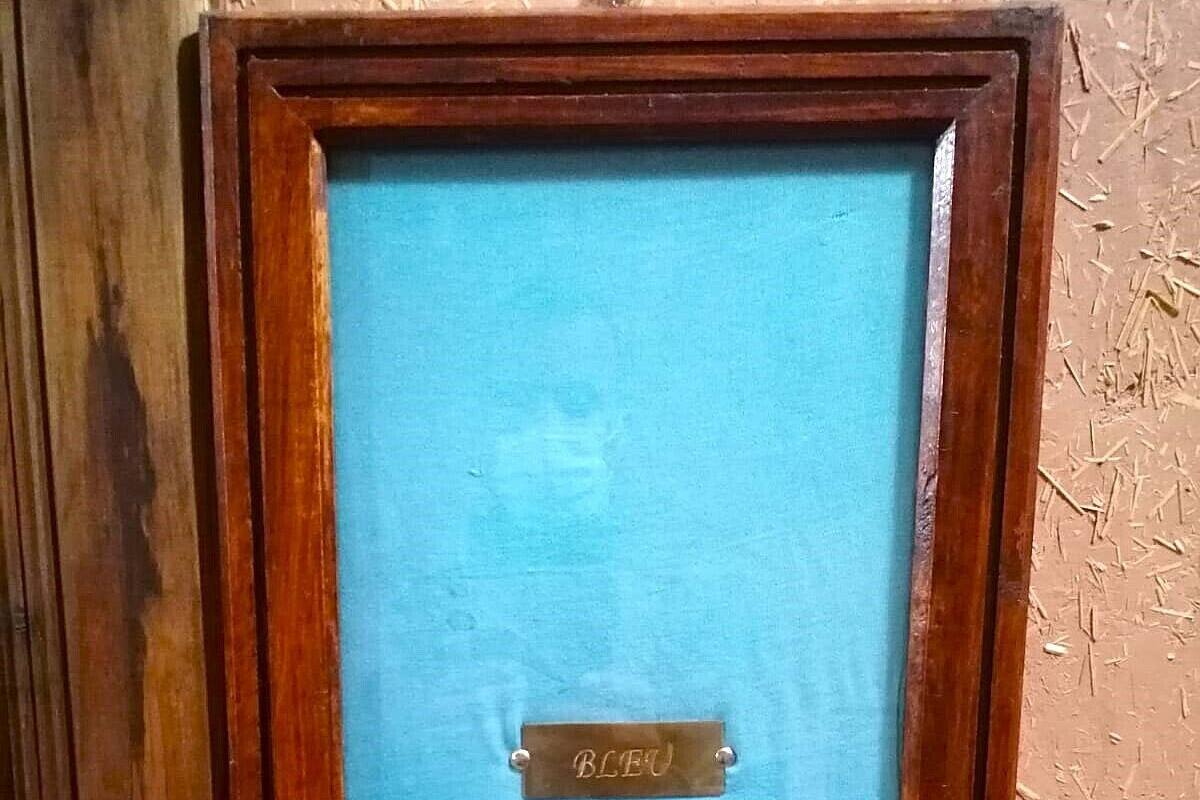Uma obra de arte emoldurada com fundo azul e uma placa de metal com a inscrição "BLEU".