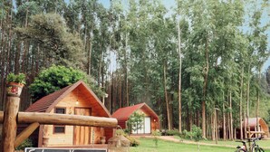 Uma cabana de madeira com telhado vermelho, rodeada por árvores altas.