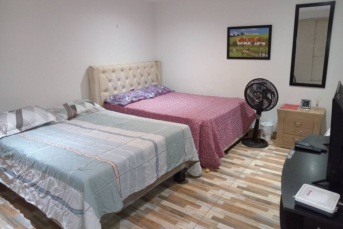 Quarto com duas camas, um ventilador, cômoda e um quadro na parede.