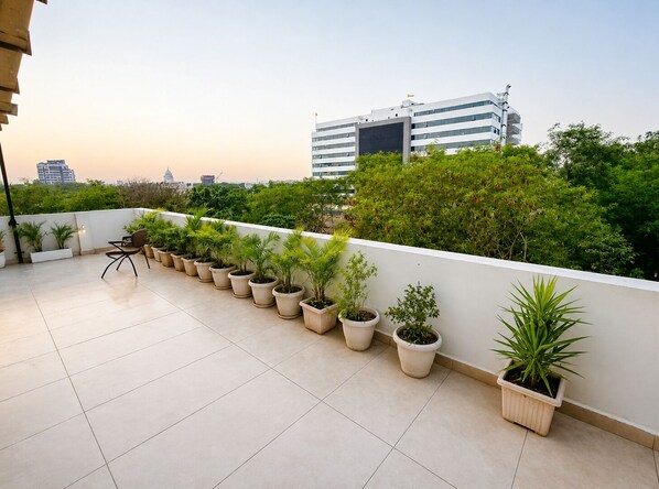 Terraço no telhado com plantas em vasos, uma cadeira e vista para a paisagem urbana.