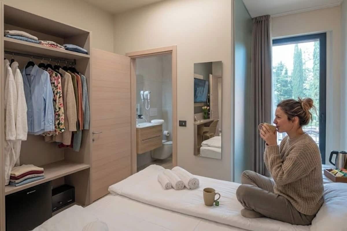 Quarto de hotel moderno com cama, área de estar, guarda-roupa e banheiro visível através de uma porta aberta.