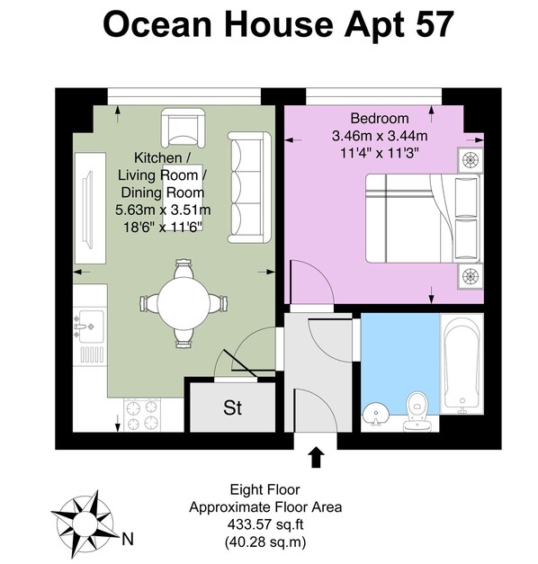 Planta baixa do Apartamento 57 do Ocean House, com cozinha/zona de refeições, quarto e banheiro.