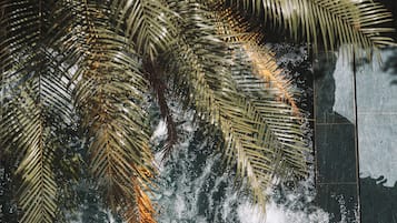 Piscina externa, guarda-sóis, espreguiçadeiras