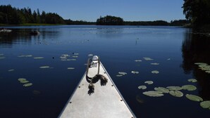 Um lago tranquilo com folhas de nenúfar e uma corda na beira de um barco.