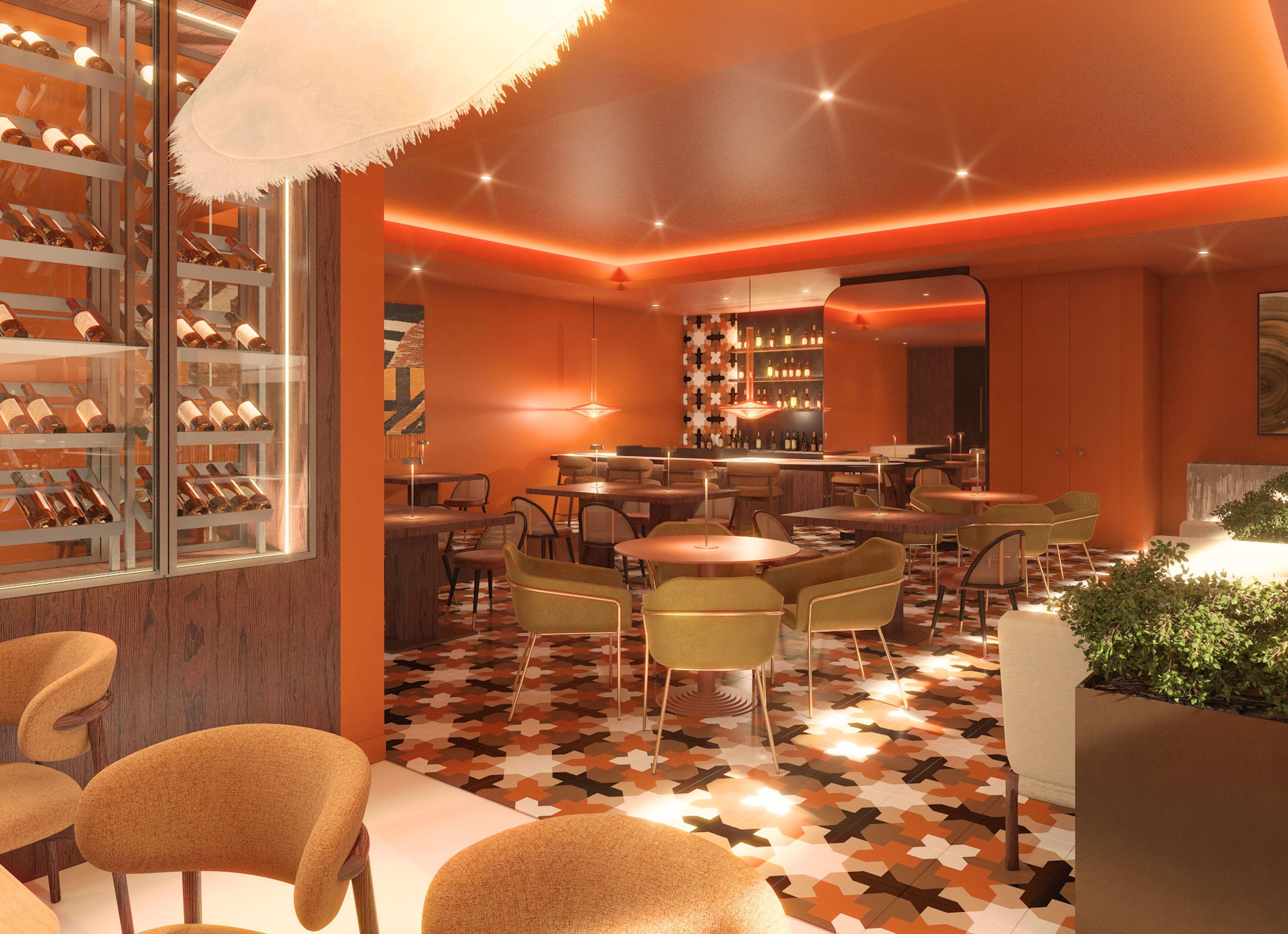 Uma área de bar moderna com adega, várias mesas e cadeiras.