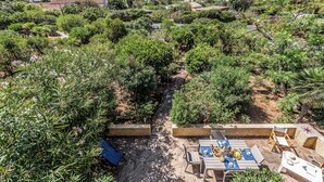 Um pátio com jardim, mesa posta para refeições, cercado por vegetação exuberante e vista para o mar.
