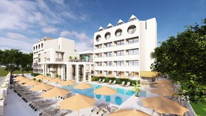 Um hotel moderno com vários andares, piscina e áreas de estar ao ar livre.