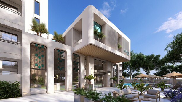 Um edifício moderno com área de piscina, mobiliário de exterior e áreas verdes.