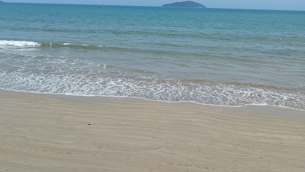 Uma praia com céu claro e mar calmo.