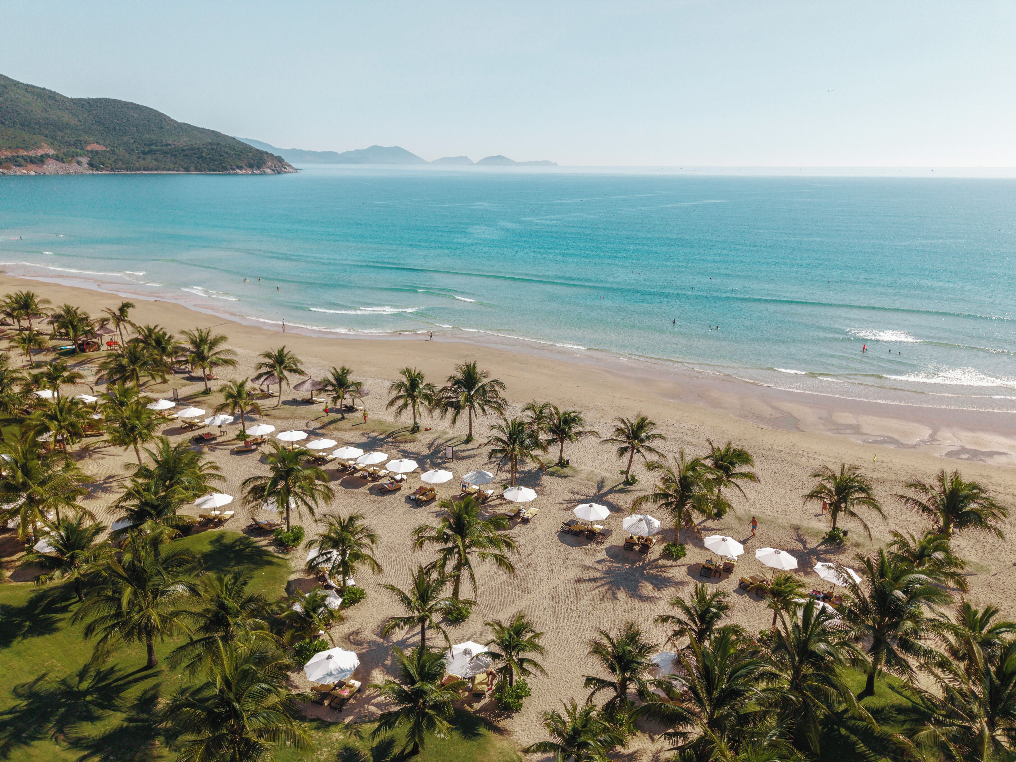 Uma praia com palmeiras e guarda-sóis, céu claro e mar calmo.