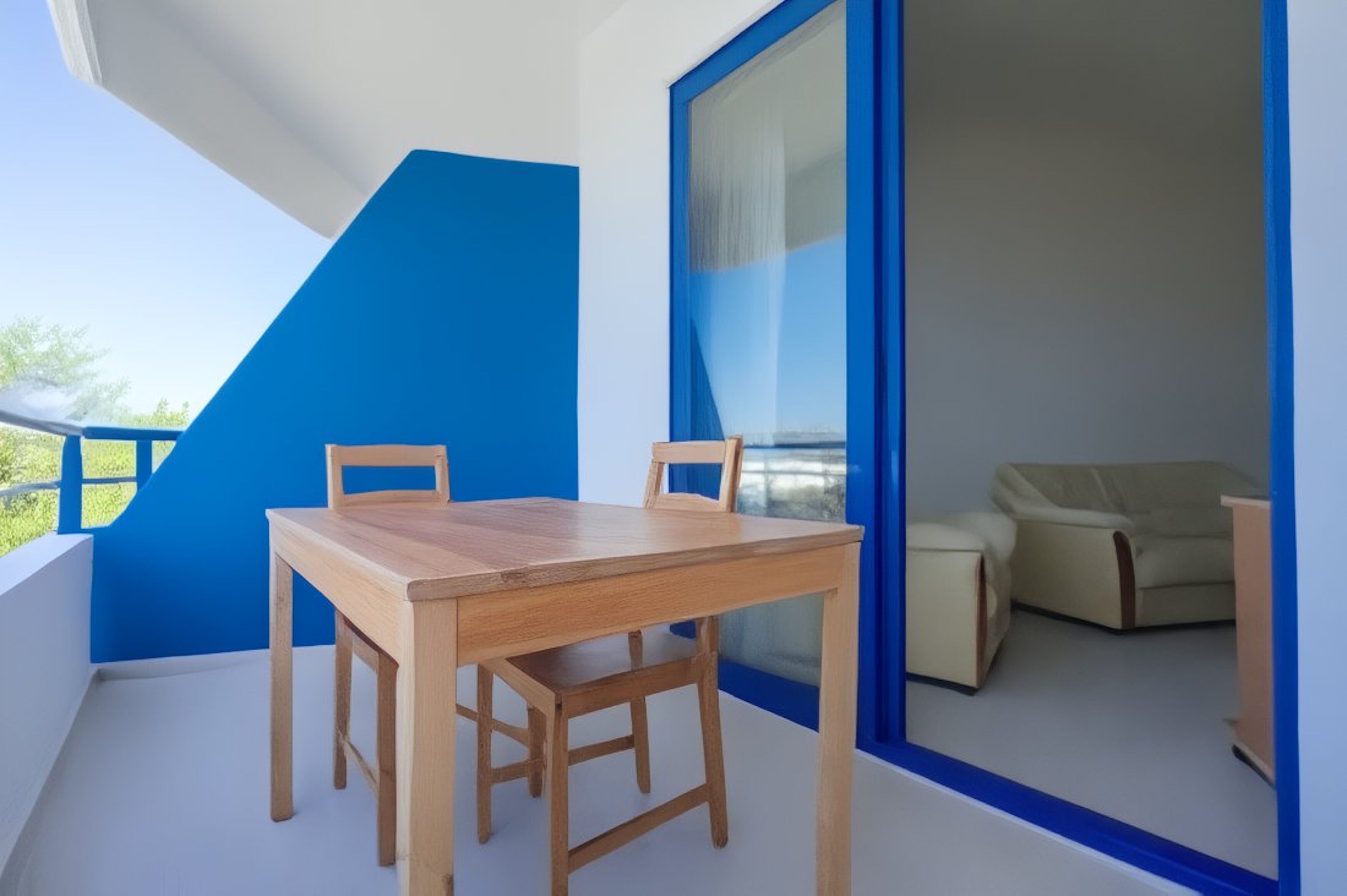 Uma varanda com mesa e cadeiras de madeira, parede azul e porta de vidro deslizante que dá para uma sala de estar com sofá e poltronas.