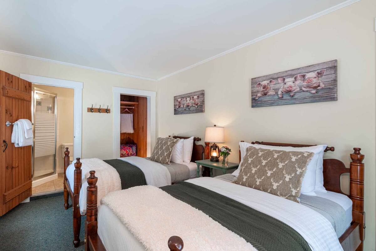 Quarto com duas camas, guarda-roupa de madeira, banheiro com chuveiro e corredor com cabideiro.