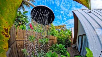Um jardim com um elemento aquático, deck de madeira e vegetação exuberante.
