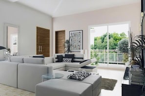Uma sala de estar moderna com um sofá seccional, uma mesa de centro e vista para o exterior através de uma porta de correr de vidro.