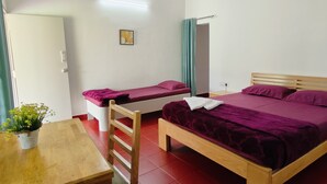 Quarto com duas camas de solteiro, uma escrivaninha de madeira com cadeira, uma planta em vaso e um ventilador de teto.