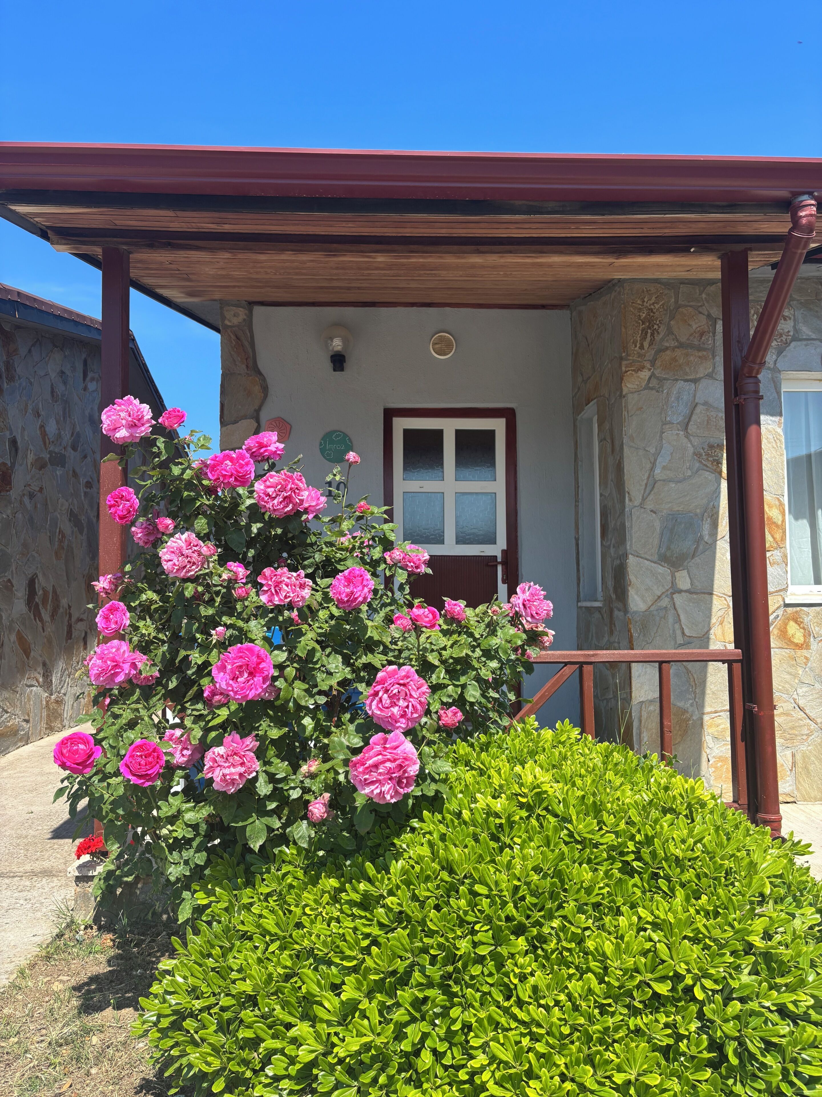 Um edifício de pedra com varanda de madeira, uma porta com painéis de vidro e um arbusto de flores cor-de-rosa em primeiro plano.