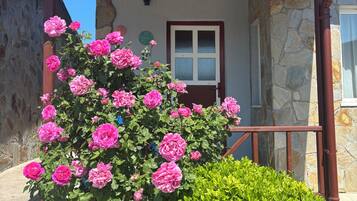 Um edifício de pedra com varanda de madeira, uma porta com painéis de vidro e um arbusto de flores cor-de-rosa em primeiro plano.