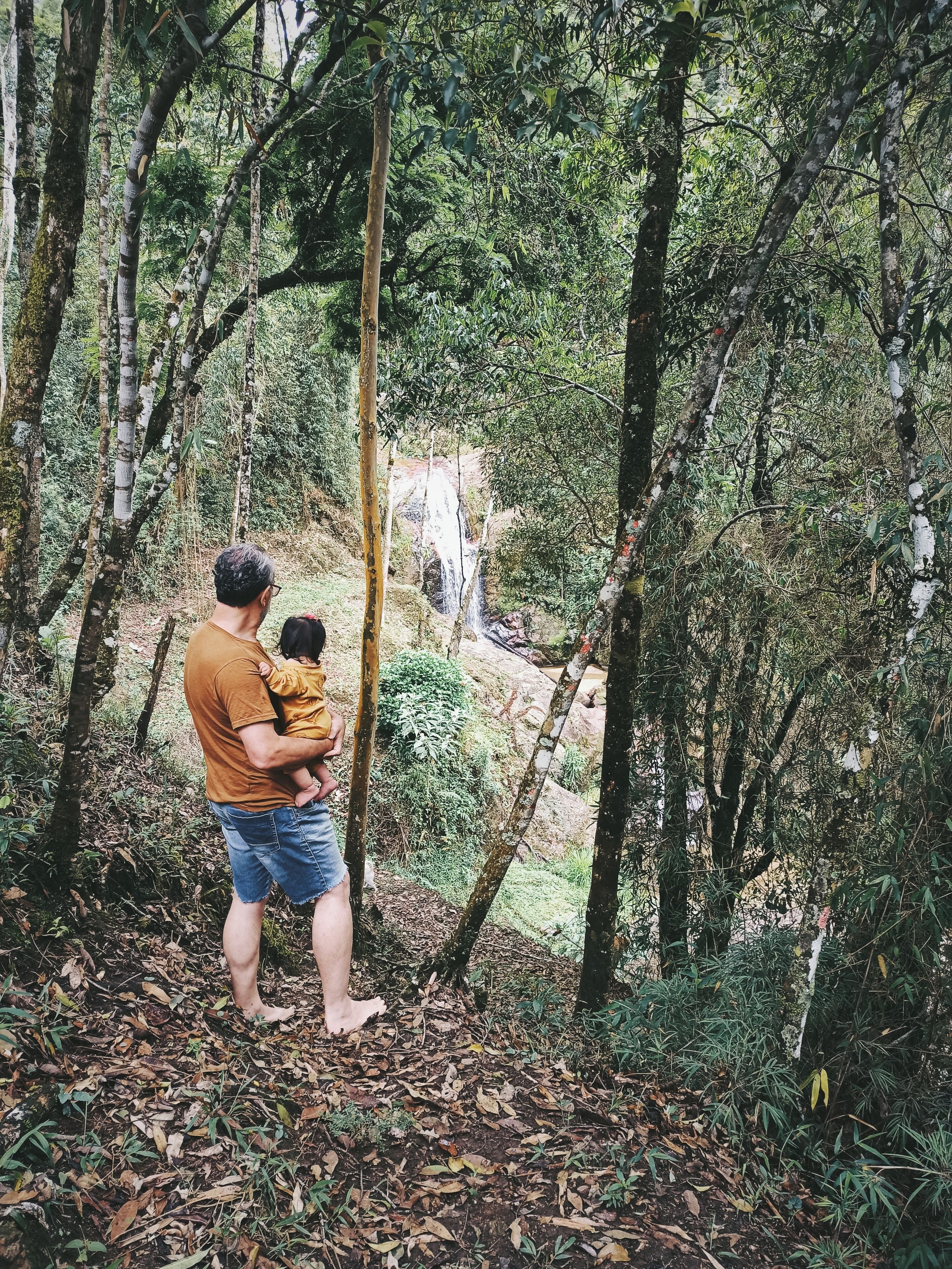 Um homem segurando uma criança em uma área arborizada, com uma cascata ao fundo.